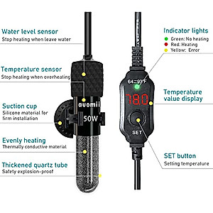 auomii Small Submersible Aquarium Heater,Adjustable Mini Fish Tank Heater 25/50/100/150/200/300 Watts with External Temperature Controller, LED Display, Smart Memory, Used for 1-60 Gallons
