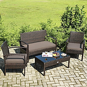 HOMGX 4 Piece Patio Furniture Set, Outdoor Modern Wicker Rattan Conversation Set w/Tempered Glass Top Coffee Table & 3 Padded Cushions for Backyard, Garden and Courtyard