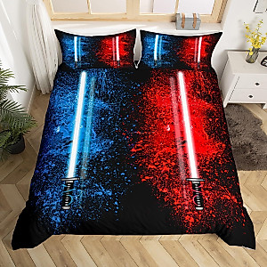 Feelyou Lightsaber King Size Duvet Cover Set for Kids Boys Teens Red Blue Teens Bedding Set Decor Tie Dye Comforter Cover Set Decoration