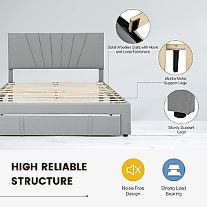 Giantex Upholstered Queen Bed Frame with Drawer, Modern Platform Bed with Storage & Adjustable Headboard, Wooden Slat Support Mattress Foundation, No Box Spring Needed, Noise Free