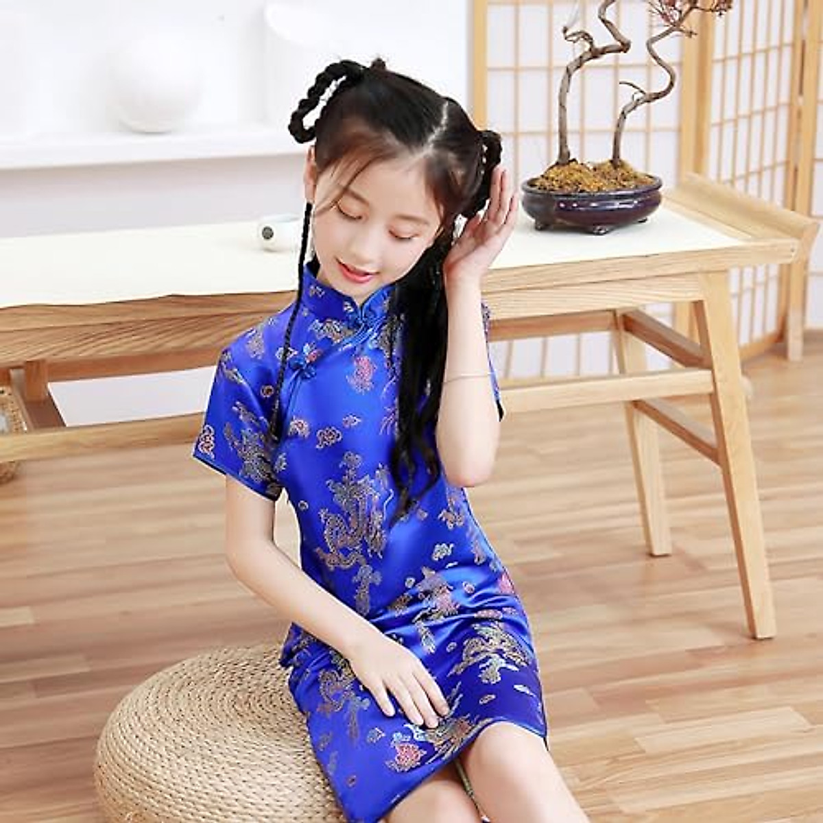 AwarFy Infant Toddler Big Kids Short Sleeve Stand Up Collar Plated Buckle Chinese Cheongsam New Year's Gown (Blue, 6-12 Months)