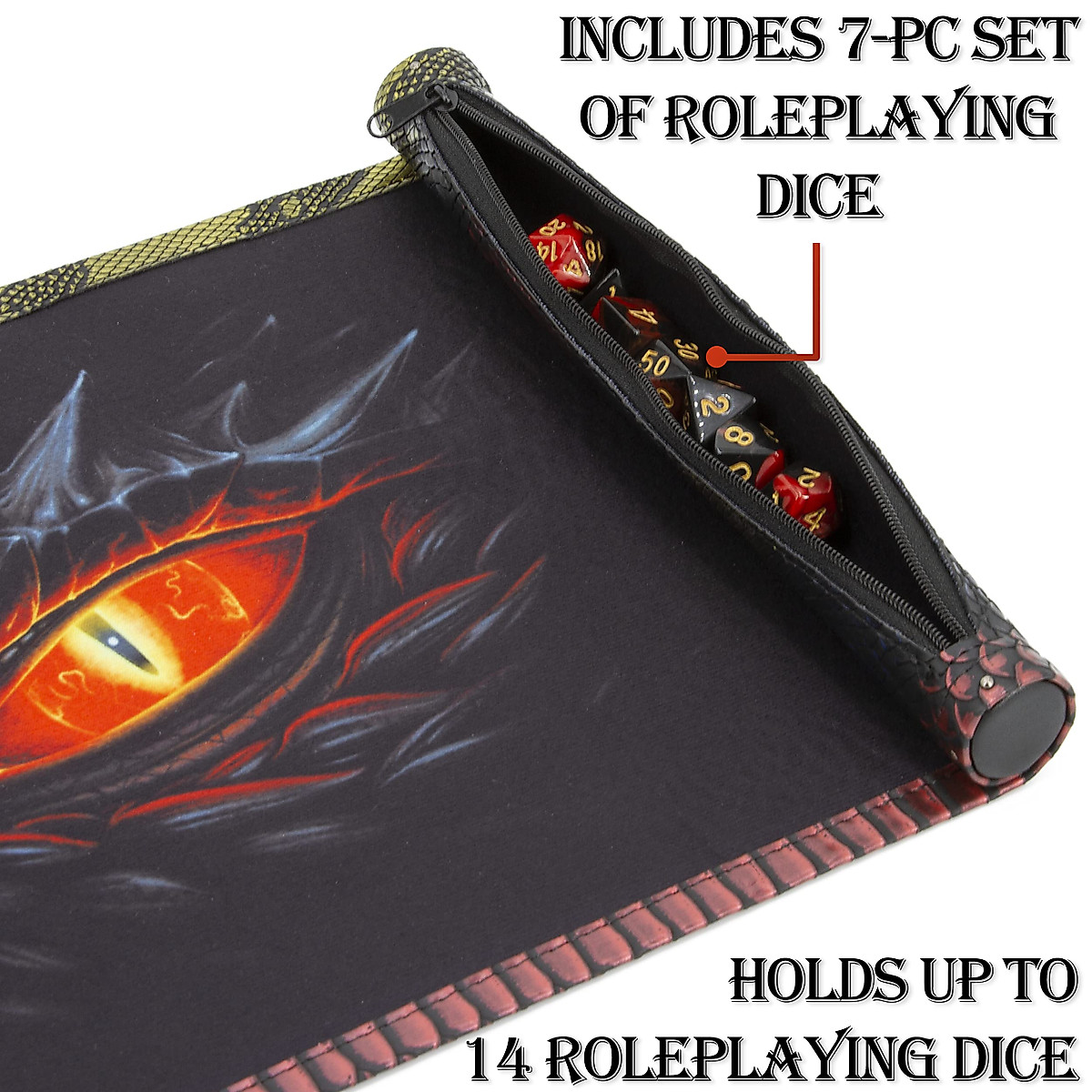 CASEMATIX Dice Rolling Tray and Dice Mat with 7 Included Roleplaying Dice Compatible with DND and Other Games - Scroll Rolling Tray and Travel Dice Holder for Storing up to 14 Game Dice
