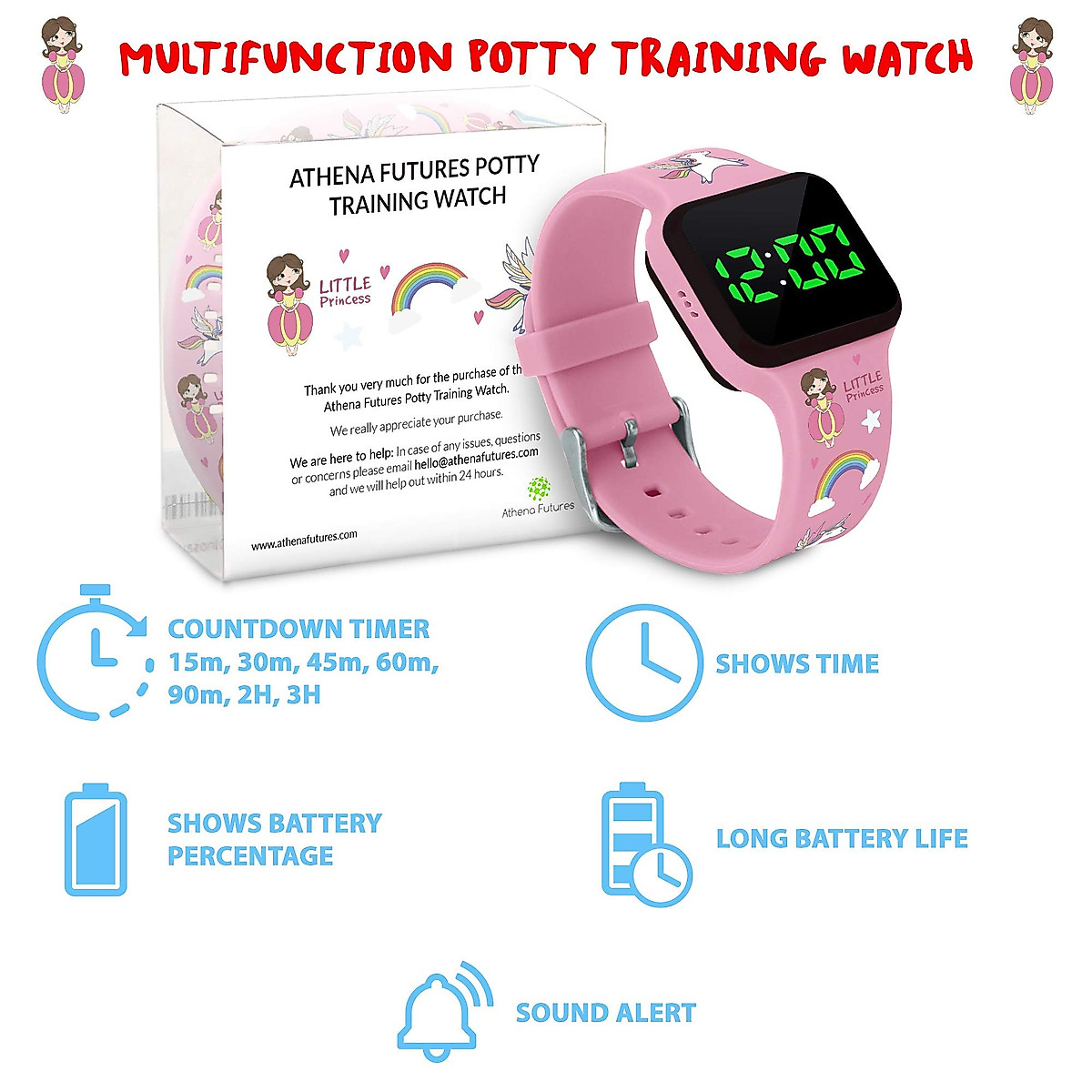 ATHENA FUTURES Potty Training Count Down Timer Watch - Princess Pink and Potty Training Chart for Toddlers - Unicorn Design