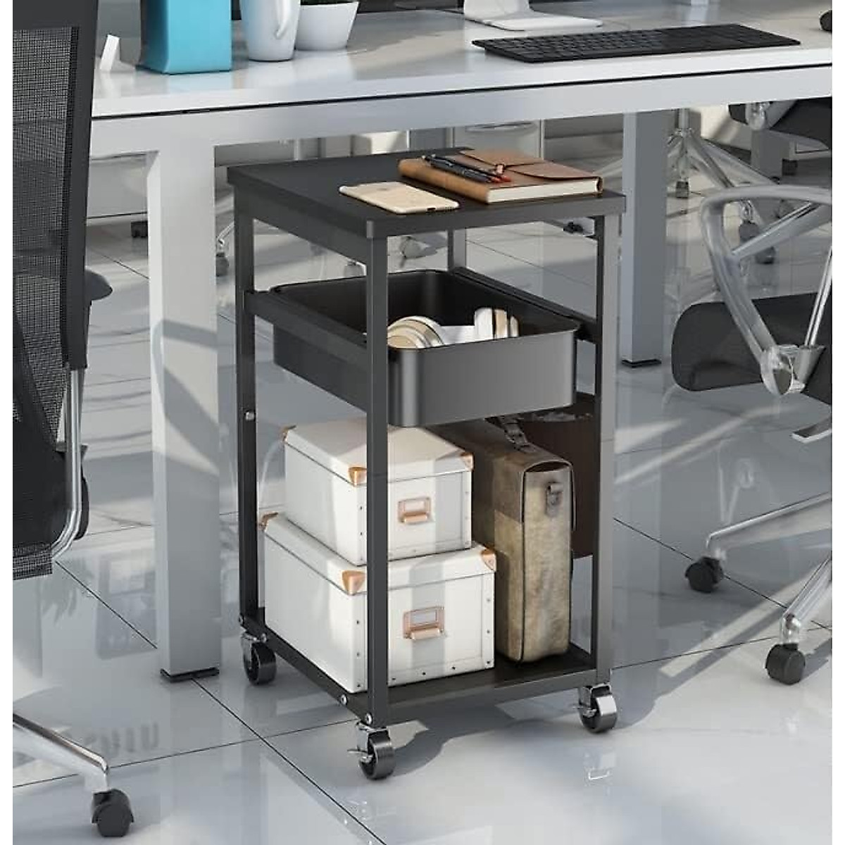 LOSTIS Storage Trolley Rolling Cart Utility Cart Metal Kitchen Storage Cart with Lockable Wheels and Trash Basket Rolling Cart Snack Storage Trolley Bedroom Kitchen Storage Cart Rolling Storage Cart