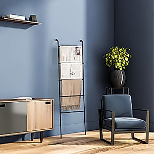 Towel Blanket Ladder Leaning Black Metal Blanket Holder 5 Tier Industrial Ladder Rack for Bathroom Living Room Laundry Room (Matte Black)