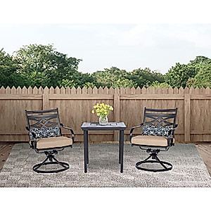 Hanover Montclair 3-Piece All-Weather Outdoor Patio Bistro Dining Set, 2 Swivel Rocker Chairs with Comfortable Seat and Lumbar Cushions, 27" Square Stamped Rectangle Table, Tan