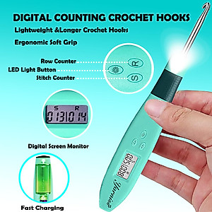 Yarniss 18 Size Counting Crochet Hooks with Light, Digital Counter Crochet Hooks Set with Case (2.0mm~14.0mm)