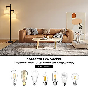 Modern Farmhouse Floor Lamp for Living Room, 2-Light 69.3in Tall Standing Lamp for Bedroom Office, Black Industrial Pole Light Reading Lamp, Stand Up Lights with White Fabric Shades & Foot Switch