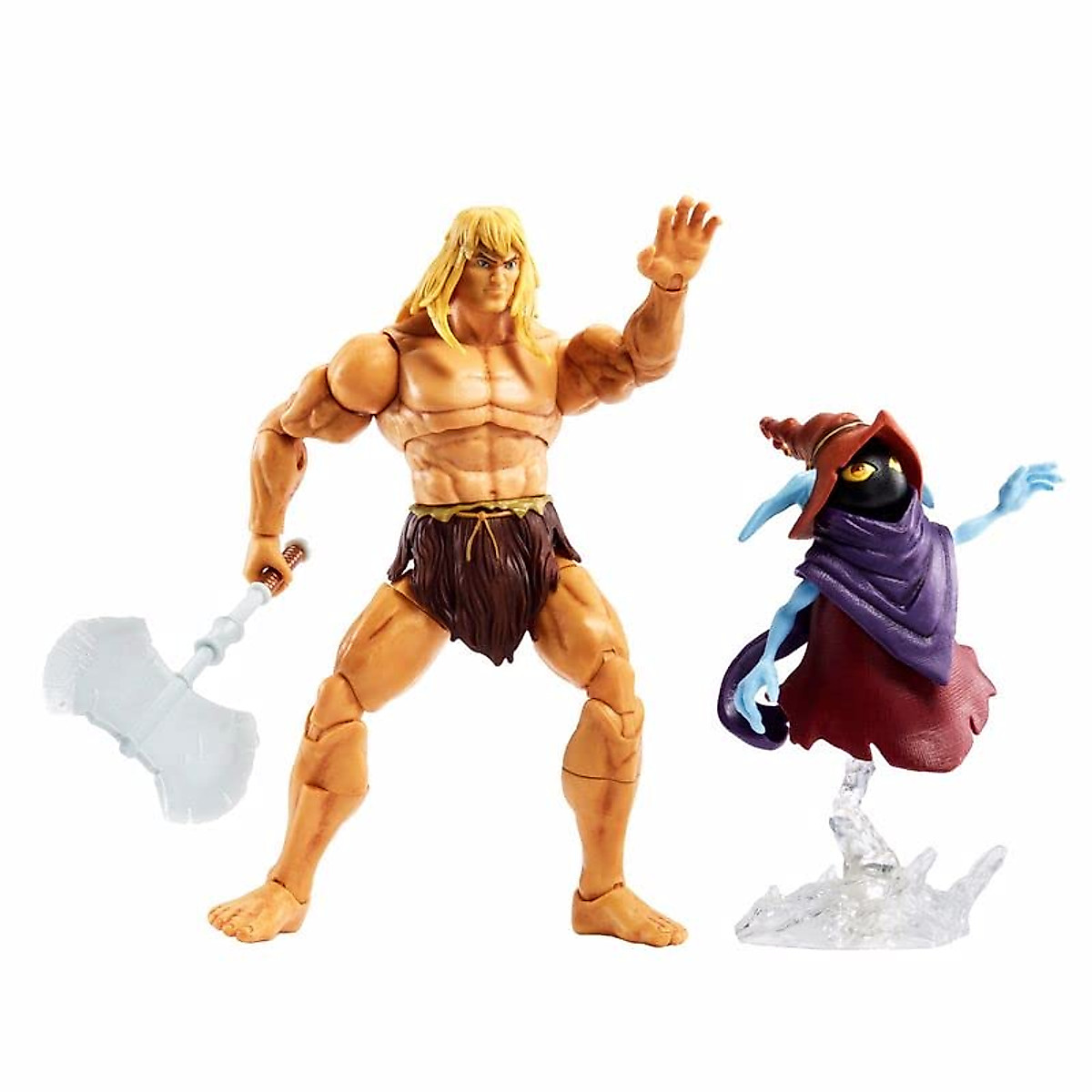 Masters of the Universe Masterverse Revelation Savage He-Man Action Figure with 30+ Articulated Joints, 3 Weapons, Harness & Orko Figure with ‘Floating’ Base, 7-inch Motu Collectible Gift