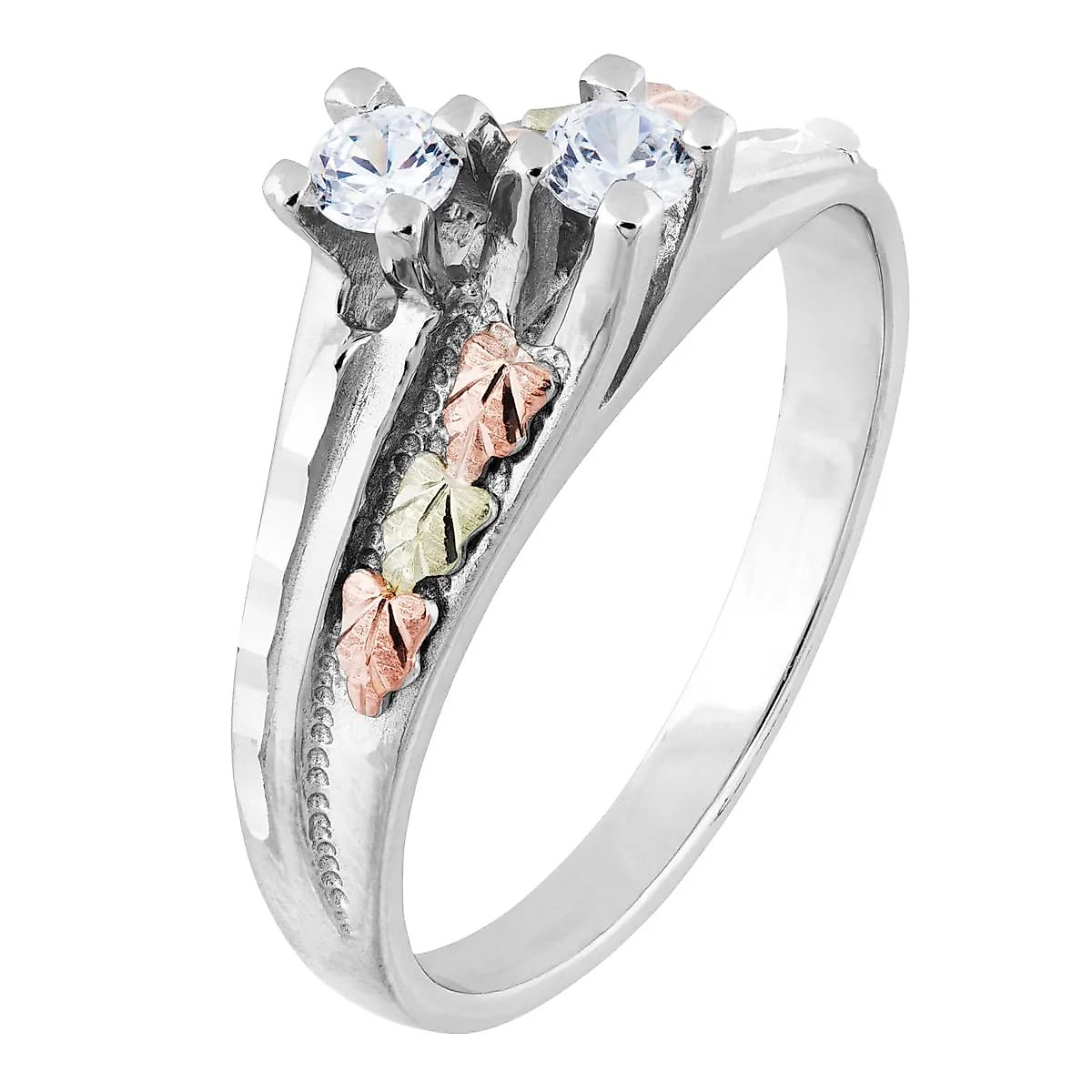 2 Stone CZ Ring, Sterling Silver, 12k Green and Rose Gold Black Hills Gold Motif, Size 6