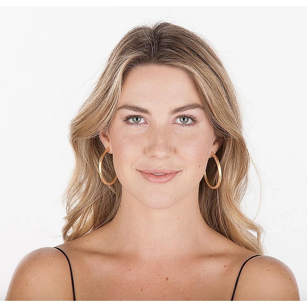 Sheila Fajl Small Everybody's Favorite 2 Inch Tubular Lightweight Hoop Earrings in Brushed Champagne. 18k Gold and 18k Rose Gold Metal Plated