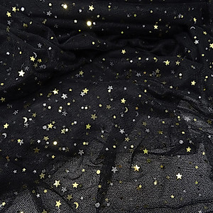 Honbay 5.5x1.7Yards Glitter Star Moon Sequin Tulle Net Yarn for Background Decoration or DIY Crafts Making (White) (Black)