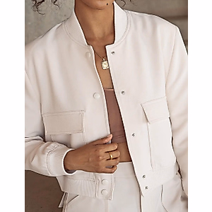 Springrain Womens Cropped Bomber Jacket Casual Varsity Jacket with Pockets Long Sleeve Outwear(Beige-S)