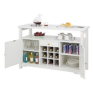 VEVOR 47 Inch Industrial Bar Cabinet, Wine Table for Liquor & Glasses, Sideboard Buffet Cabinet with Wine Rack, Freestanding Farmhouse Wood Coffee Bar Cabinet for Living Room, Home Bar, Kitchen White