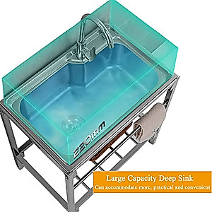 68 * 44cm Free Standing Kitchen Sink, Commercial Stainless Steel Single Sink Bowl Restaurant Table Utility Sink Washing Hand Basin w/ 360°Hot and Cold Faucet for Indoor Outdoor,68 * 44cm