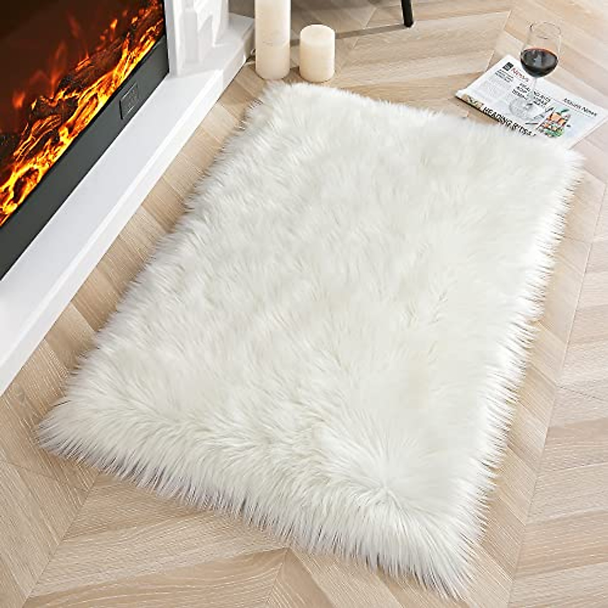 YJ.GWL White Faux Fur Rug for Bedroom, Luxury Fluffy Sheepskin Rugs Bedside Rug 2 x 3 Feet, Furry Carpet Small Shag Bedroom Rug, Soft Throw Rugs for Living Room, Kids Boys Girls Room Decor