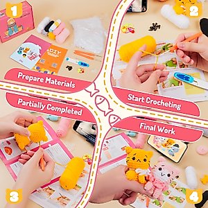 Crochet Kit for Beginners - Cat Crochet Kit with Step-by-Step Video Tutorials, Learn to Crochet Kits for Adults and Kids, 4 PCS Cat with Hat, Toy, Fish Crocheting Set