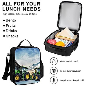 oallpu 3Pcs Green Tractors Backpack Set Large Capacity Laptop Bag, Multi-function Daypack with Adjustable Double Shoulder Strap, Lightweight Lunch Box Portable Pencil Bag