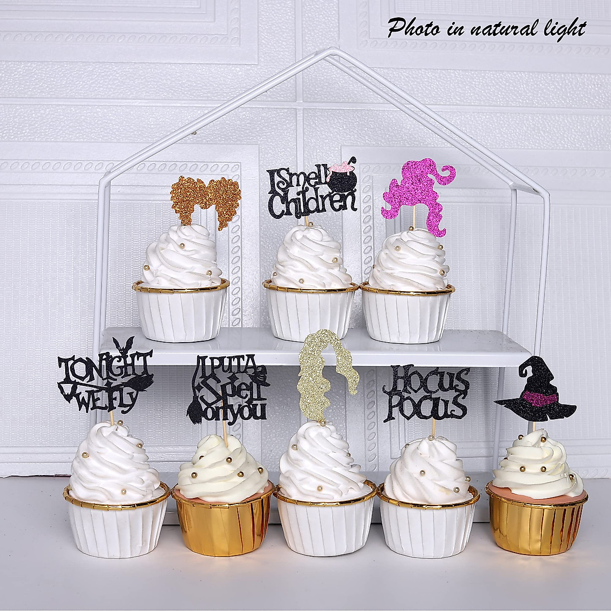 32 PCS Hocus Pocus Cupcake Toppers Glitter Witch Hair Hat I Put A Spell on You I Smell Children Halloween Cupcake Picks for Halloween Hocus Pocus Theme Birthday Party Cake Decorations