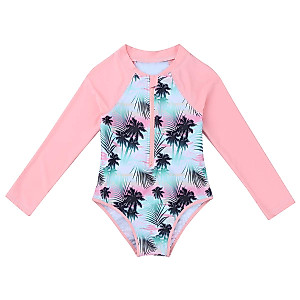 easyforever Kids Girls One Piece Long Sleeve Rash Guard Swimwear Zippered Swimsuit Bathing Suit Pink 6