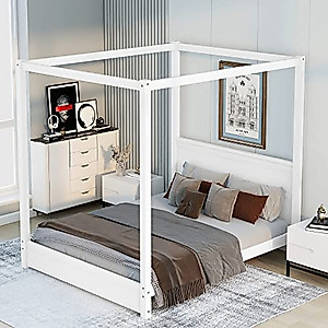 LCH Queen Size Wooden Platform Bed Frame with Headboard and Support Legs for Bedroom, White