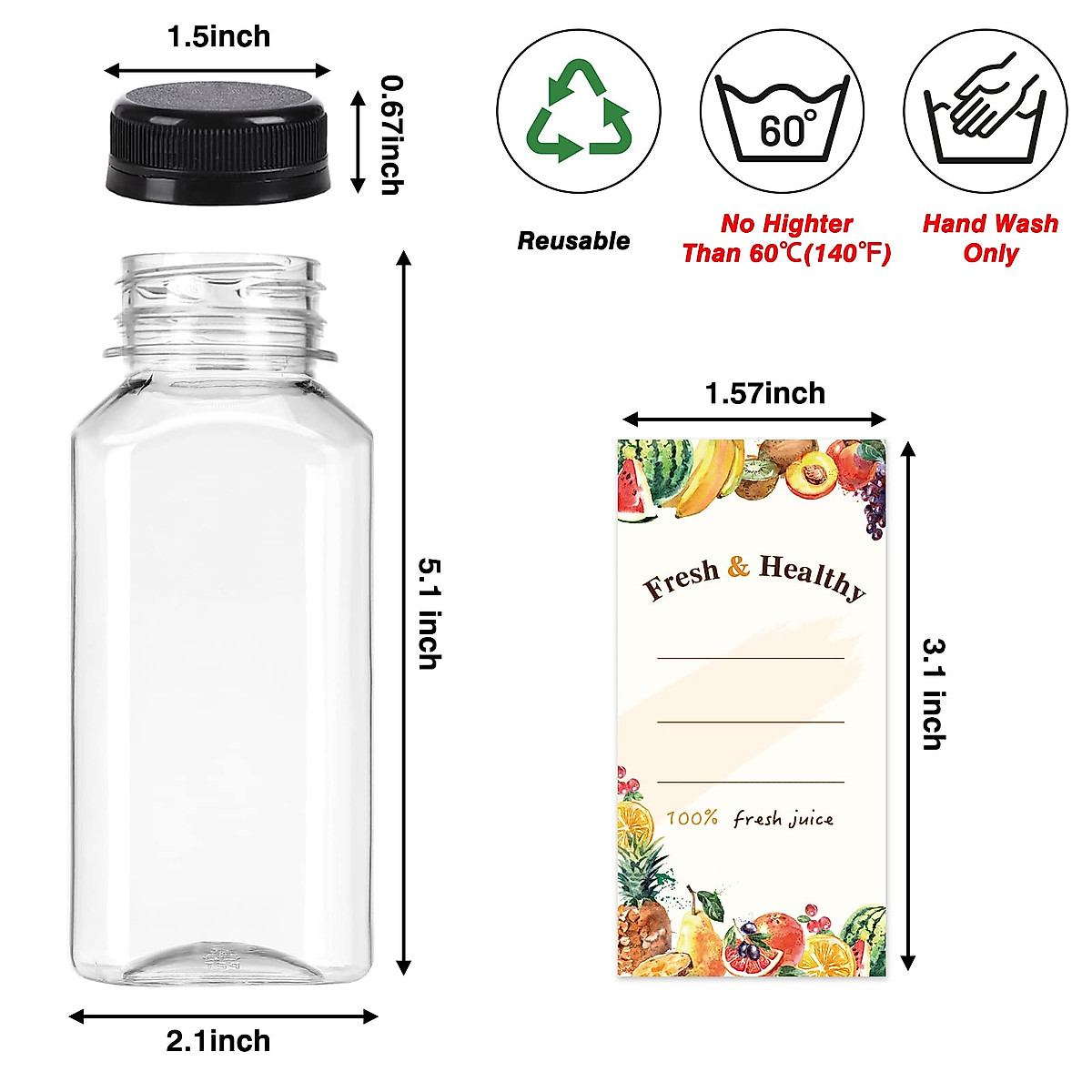 Moretoes 16pcs 8oz Plastic Juice Bottles with Caps, Reusable Juicing Bottles for Juice Milk Smoothie and Other Beverages