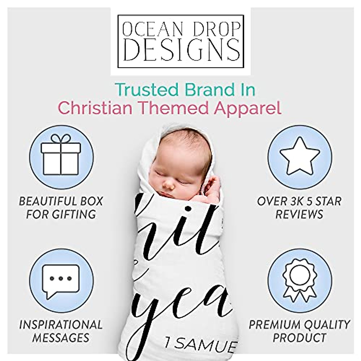 Ocean Drop 100% Cotton Muslin Swaddle Baby Blanket – ‘I Have Prayed’ Quote with Gift Box for Baptism, Christening Gift, Godson, Goddaughter, Baby Shower – Super Soft, Breathable, Large 47x47”