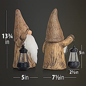 Garden Gnome Decorations with Solar Lights, Funny Resin Gnome Garden Figurines-Outdoor Lawn Decor Flocked for Patio, Balcony, Yard, Ornament Unique Christmas Housewarming Gift, 13 inch (Brown)