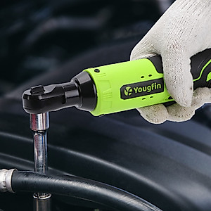 Yougfin Cordless Electric Ratchet Wrench Set, 40 Ft-lbs 12V Power Ratchet Kit with 60-Min Fast Charger, Variable Speed, 2 Packs 2000mAh Lithium-Ion Battery (3/8")