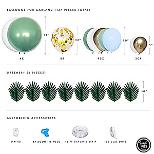 Sage Green and Blue Balloon Garland Kit with Arch Kit, 18 10 5 inch Balloons in Matte Olive Eucalyptus, Dusty Light Blue, White, Gold Confetti, Baby Shower Birthday Wedding Bridal Party Decorations