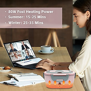 Electric Lunch Box Food Heater, Upgraded 80W Food Heated Electric Heating Lunch Box, 3 in 1 12V 24V 110-220V Portable Food Warmer Lunch Box with 304 SS Container Fork Spoon & Insulated Bag (Pink)