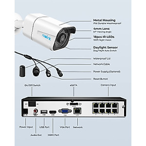 REOLINK 4K Security Camera System, 6pcs H.265 PoE Wired Bullet 4K Cameras with Person Vehicle Detection, 4K/8CH NVR Recorder with 2TB HDD for 24-7 Recording, RLK8-800B6