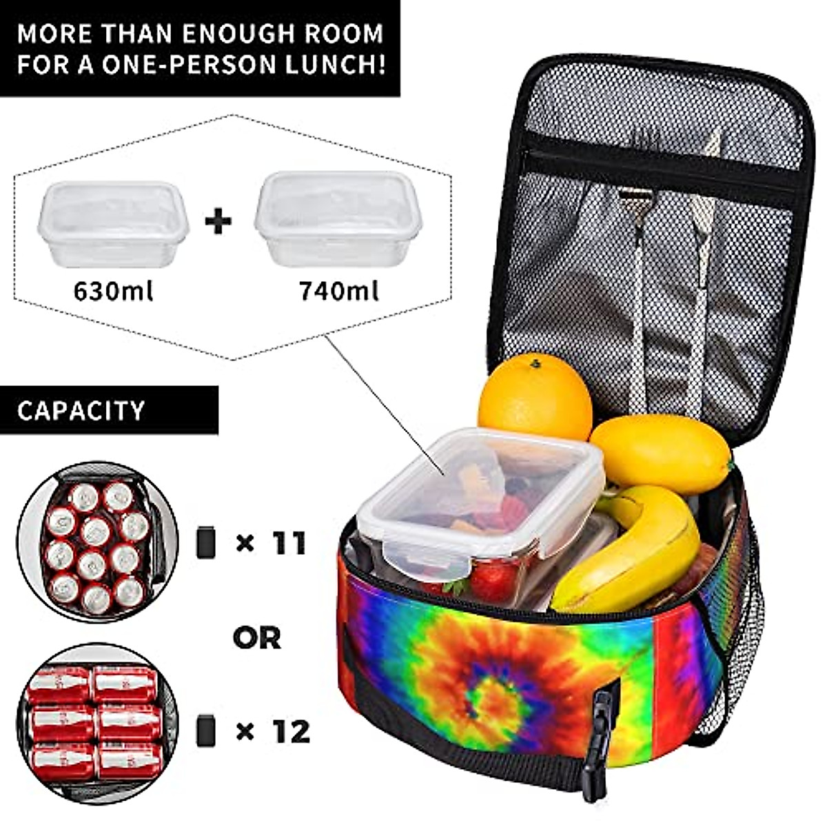 Tie Dye Lunch Bag for Kids boys girls Women Men,Reusable Insulated Lunch Box,Large Capacity Tote Bag for School, Work, Picnic, Travel (Rainbow, One Size)