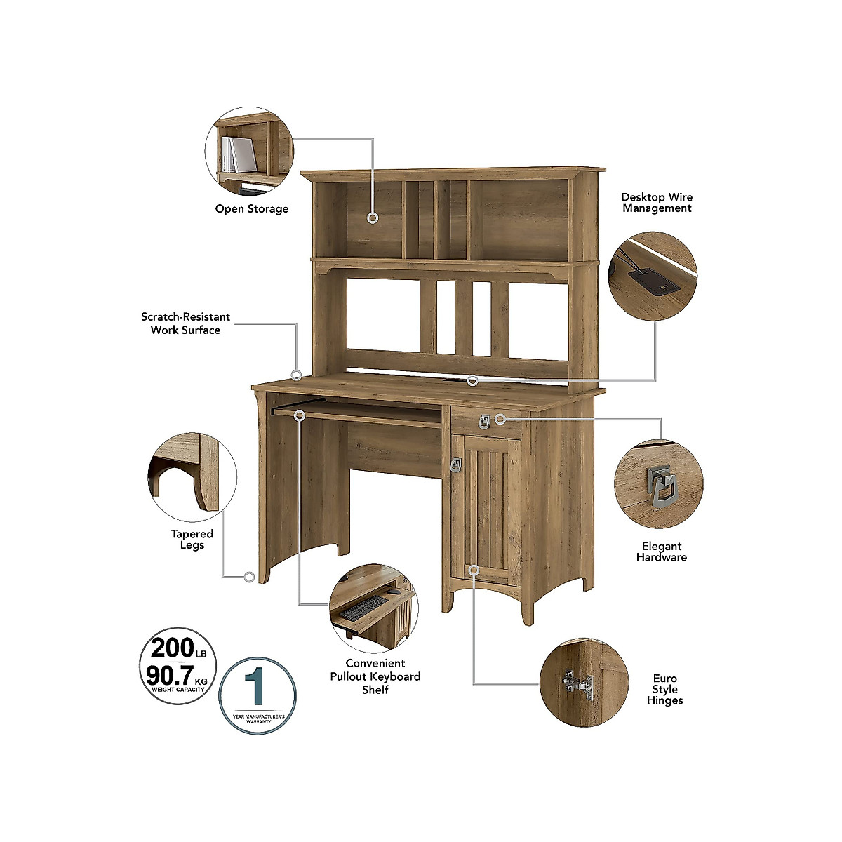 Bush Furniture Salinas Computer Desk with Hutch | Study Table with Drawers, Cabinets & Pullout Keyboard/Laptop Tray | Modern Home Office Desk in Reclaimed Pine | Work Desk with Storage