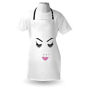 Ambesonne Eyelash Apron, Closed Eyes Pink Lipstick Glamor Makeup Cosmetics Beauty Feminine Design, Unisex Kitchen Bib with Adjustable Neck for Cooking Gardening, Adult Size, Fuchsia Black White