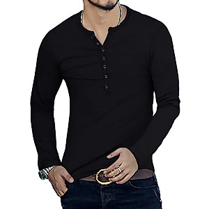 YTD Mens Casual Slim Fit Basic Henley Long Sleeve Fashion T-Shirt XL Black
