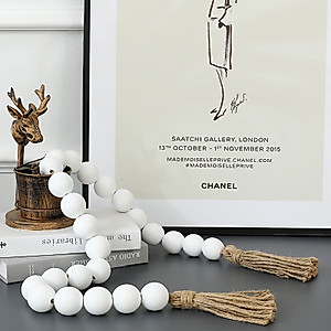 Large White Wooden Beads Garland Farmhouse Decor 50inch long with 1.6" Diameter beads, Wood Beads Decor Tassel Garland Decorative Boho Country Decoration for Coffee Table Home Tiered Tray Wall Hanging