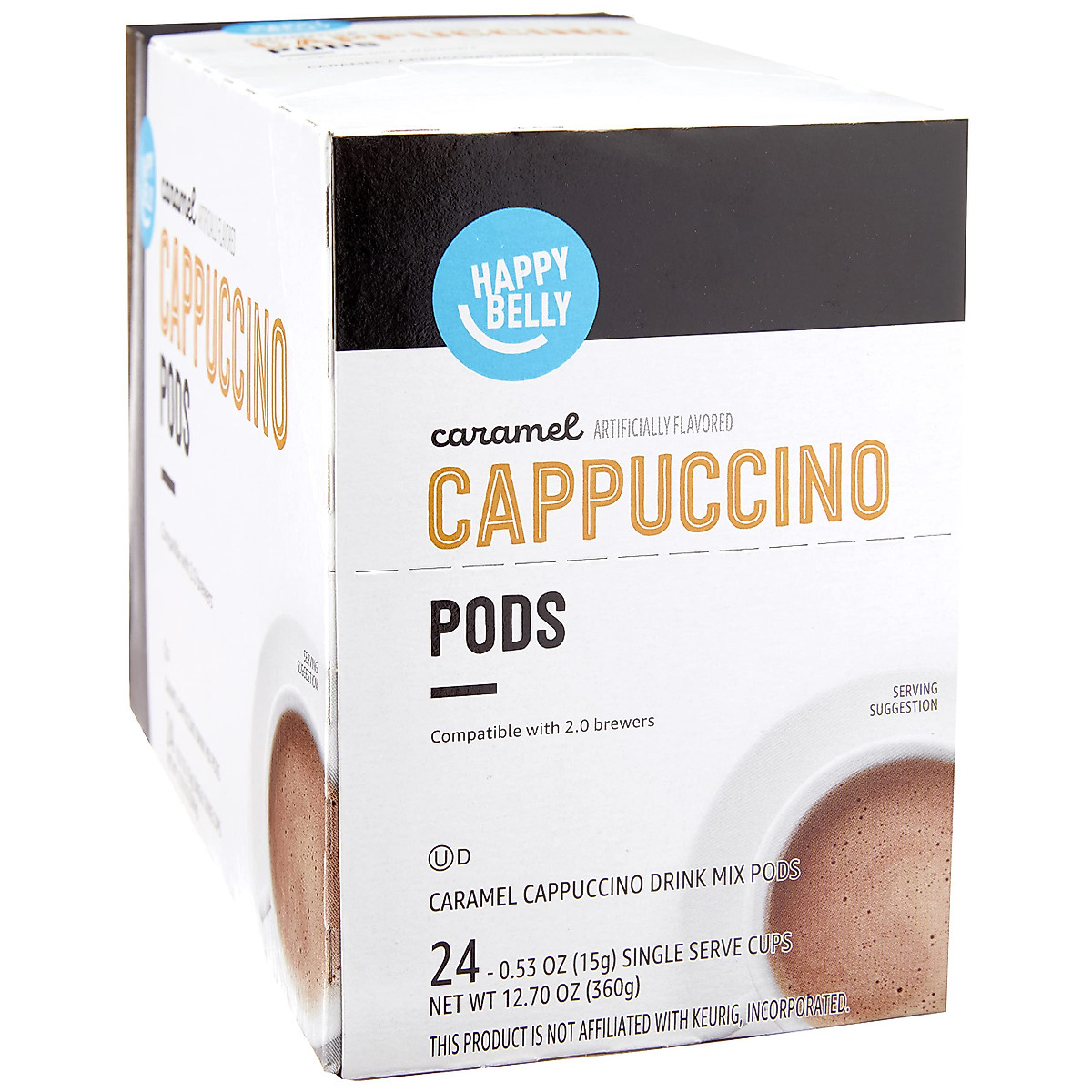 Amazon Brand - Happy Belly Cappuccino Coffee Pods Compatible with 2.0 K-Cup Brewers, Caramel Flavored, 24 Count