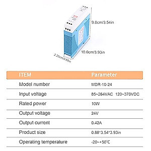 DynMach MDR-10-24 DIN Rail Mounted Power Supply - Input: 85-264VAC; Output: 12VDC, 0.42A, 10W; High Efficiency and Stability, Engineered for Small Scale Industrial Applications