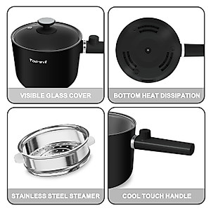 Topwit Hot Pot Electric with Steamer, 1.5L Ramen Cooker, Non-Stick Frying Pan, Electric Pot for Pasta, BPA Free, Electric Cooker with Dual Power Control, Over-Heating & Boil Dry Protection, Black