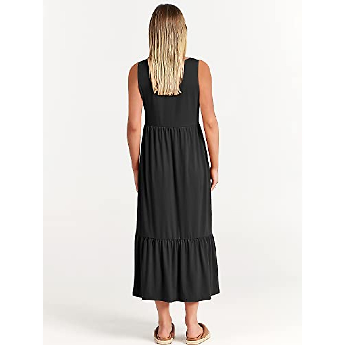 ANRABESS Women's Casual Summer Sleeveless Ruffle Sundress Round Neck A-Line Pleated Maxi Dress with Pockets 499heise-XXL Black