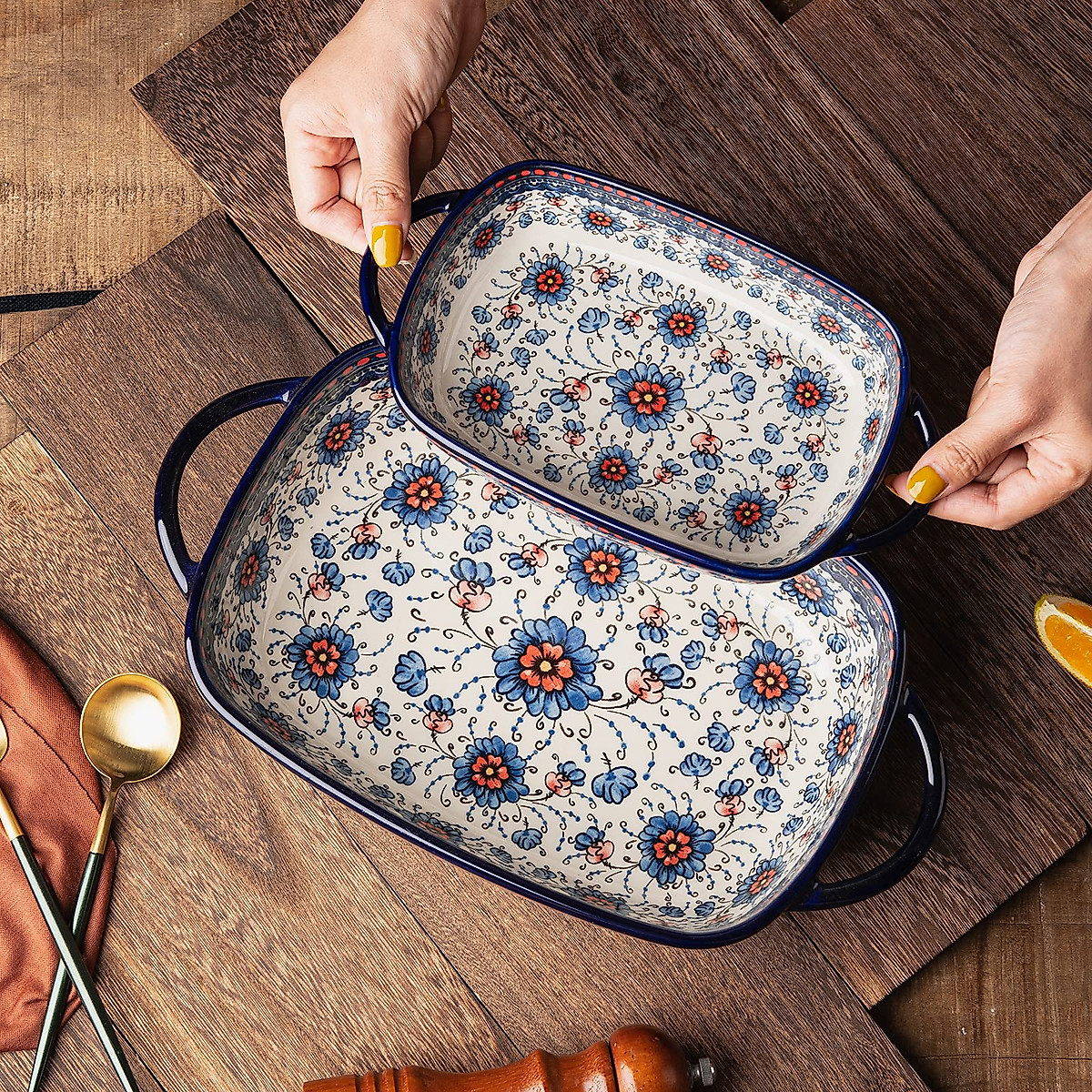 ONECCI Baking Dish Ceramic Baking Pan Blue Casserole Dish Rectangular Baking Set 2pcs Bakeware Sets Lasagna Pan Baking Dishes for oven (Blue plasma grass)