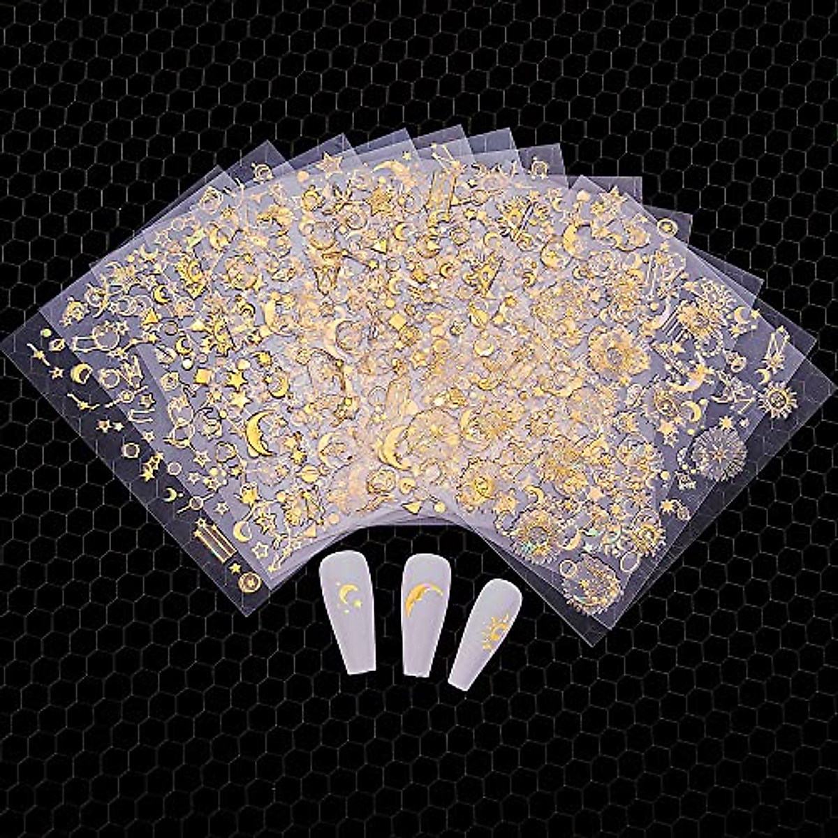 3D Moon Star Nail Stickers,Holographic Nail Decals,Stars Moon Sun Planets Design Laser Gold Nail Art Stickers Self Adhesive Sticker Nail Art Decorations Women DIY Nail Accessories,6 Sheets/Set