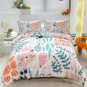 CVHOUSE Cat Bedding,Cartoon Cat Comforter Full,Animals Print Comforter Set for Kids,Kawaii Quilt Set with 1 Comforter and 2 Pillow Cases