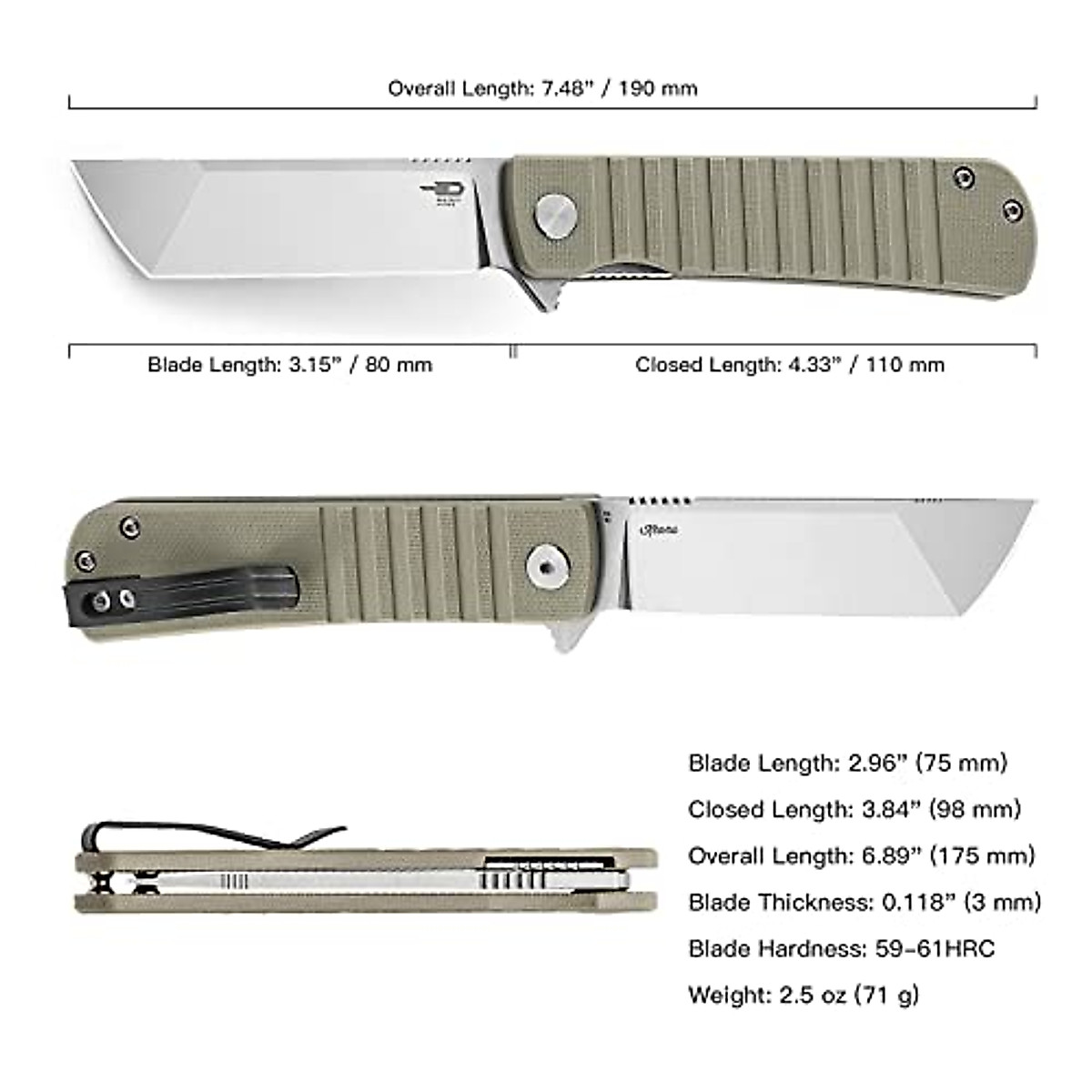 BESTECH KNIVES Tanto Folding Pocket Knife: 2.96" D2 Steel Stain Stonewashed Blade, G10 Handle, Flipper Liner Lock, Deep Carry Clip (BG49A-2 Beige)