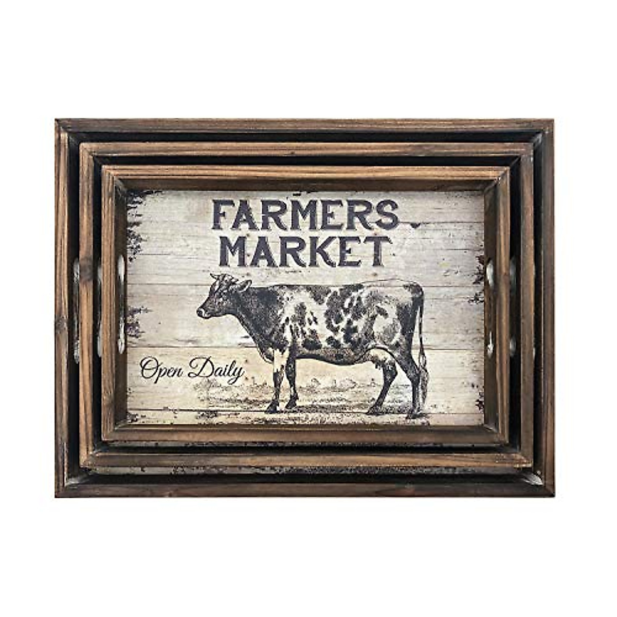 DeliDecor Large Decorative Serving Trays with Handle, Set of 3 Nesting Rustic Wooden Organizer Distressed Farmers Market Farmhouse Decor with Cow Pattern, Coffee Food Platters, Open Daily 17"x12.5"