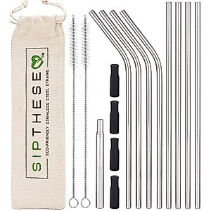 SipThese 8 pc Stainless Steel Straws With Bonus Collapsible Straw. 2 Straw Cleaning Brush, 8 Metal Straws. Stainless Steel Straws With Silicone Tips. 1 Travel Bag. Eco Friendly Reusable Straws