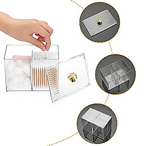 Hipiwe Acrylic Q-tip Holder with Lid- 3 Sections Bathroom Dispenser Jar Cotton Ball and Swab Organizer Plastic Apothecary Jar Makeup Storage Canister Box for Cotton Rounds Pads Floss