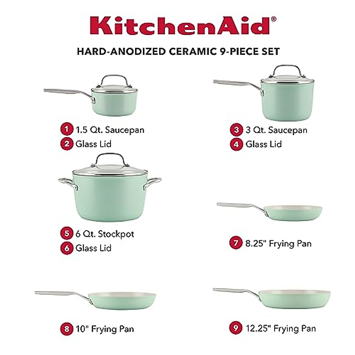 KitchenAid Hard Anodized Ceramic Ceramic Nonstick Cookware Pots and Pans Set, 9 Piece - Pistachio