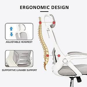 HYLONE Office Chair Executive Mesh Computer Desk Chair Comfortable with Headrest, Flip-up Arms, Adjustable Height, White